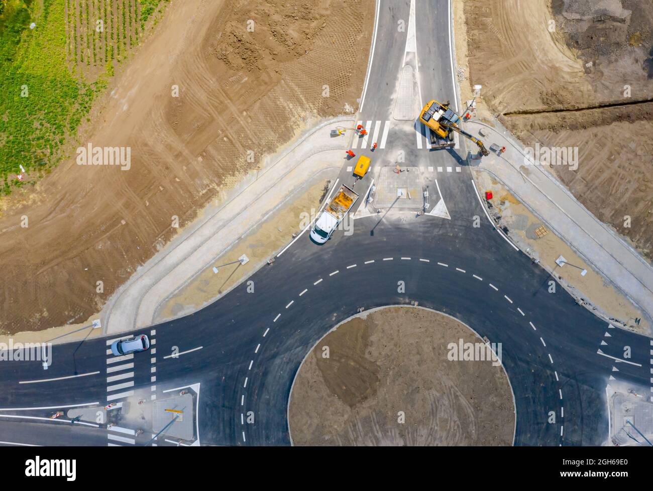 Above top view, overhead on circular road, roundabout under ...