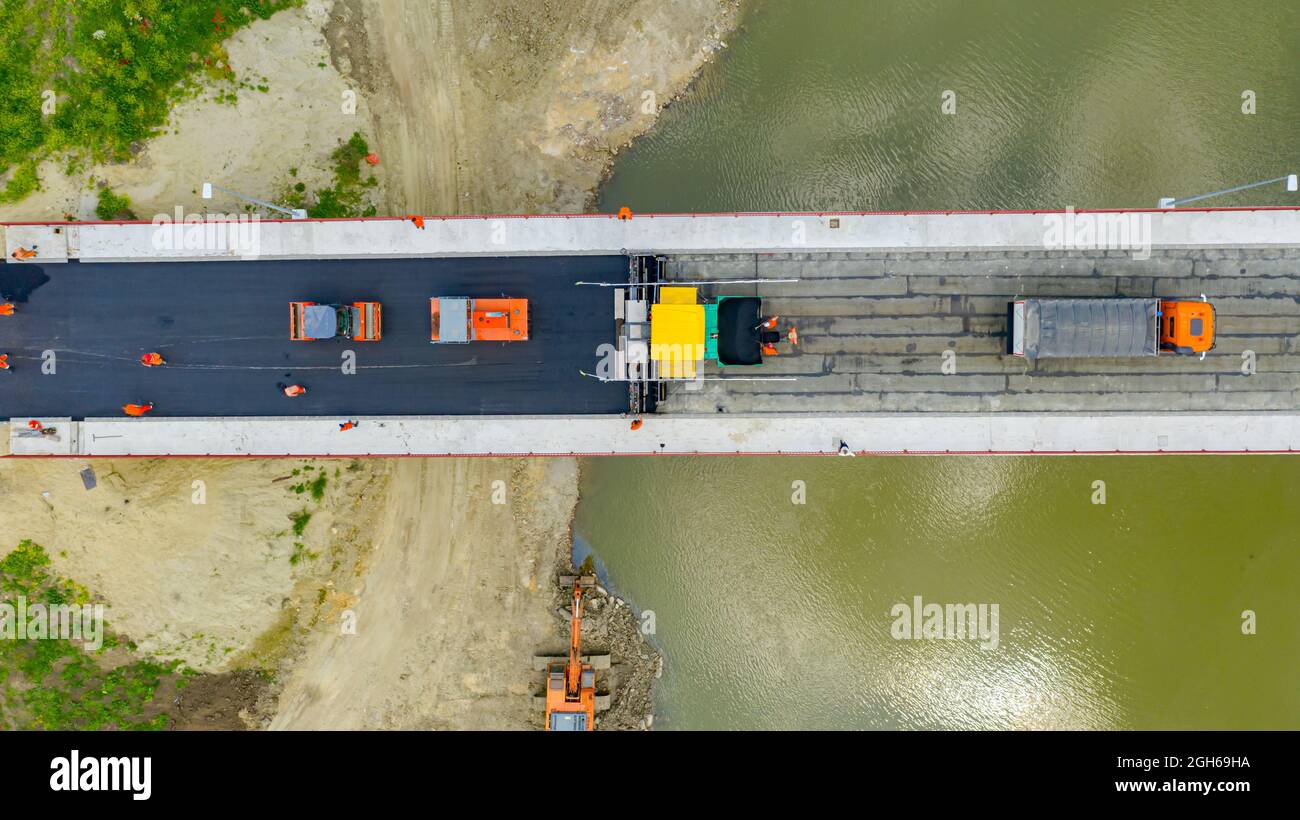 Above top view, overhead, on transportation with truck delivery of hot ...