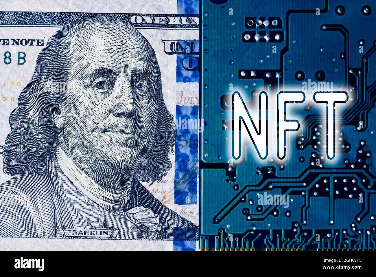 NFT on printed circuit board. Electronic board, us dollar and NFT ...
