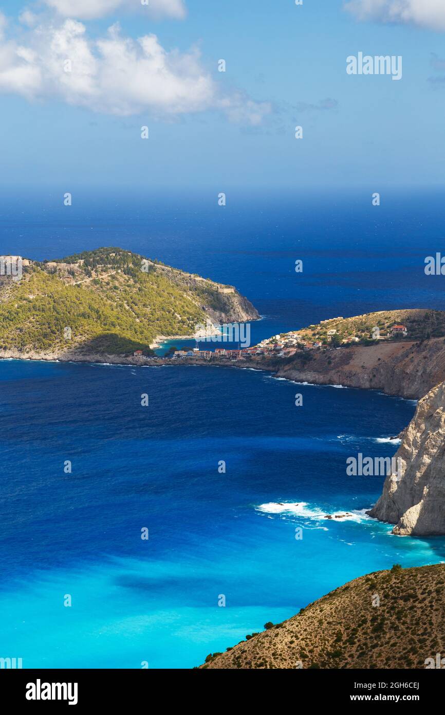 Aerial view at Asos village, Assos peninsula and fantastic turquoise ...