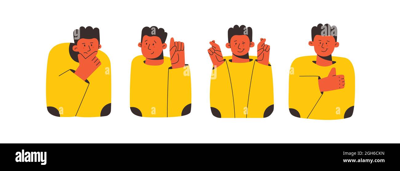 Cute cartoon character demonstrating various hand gestures. Thumbs up ...