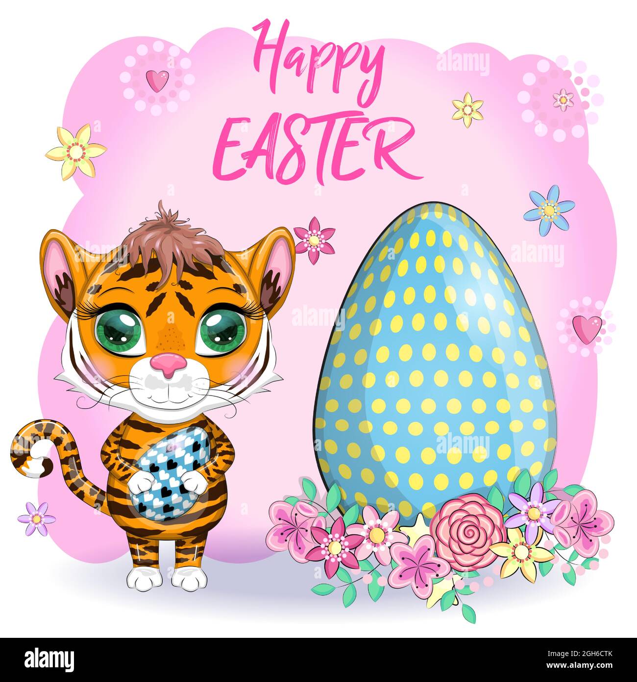 Cartoon tiger with Easter egg as Easter bunny. Easter 2022, April ...