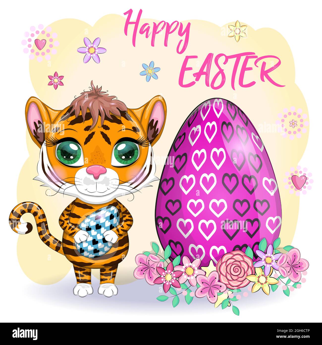 Cartoon tiger with Easter egg as Easter bunny. Easter 2022, April. greeting card. Children's ...