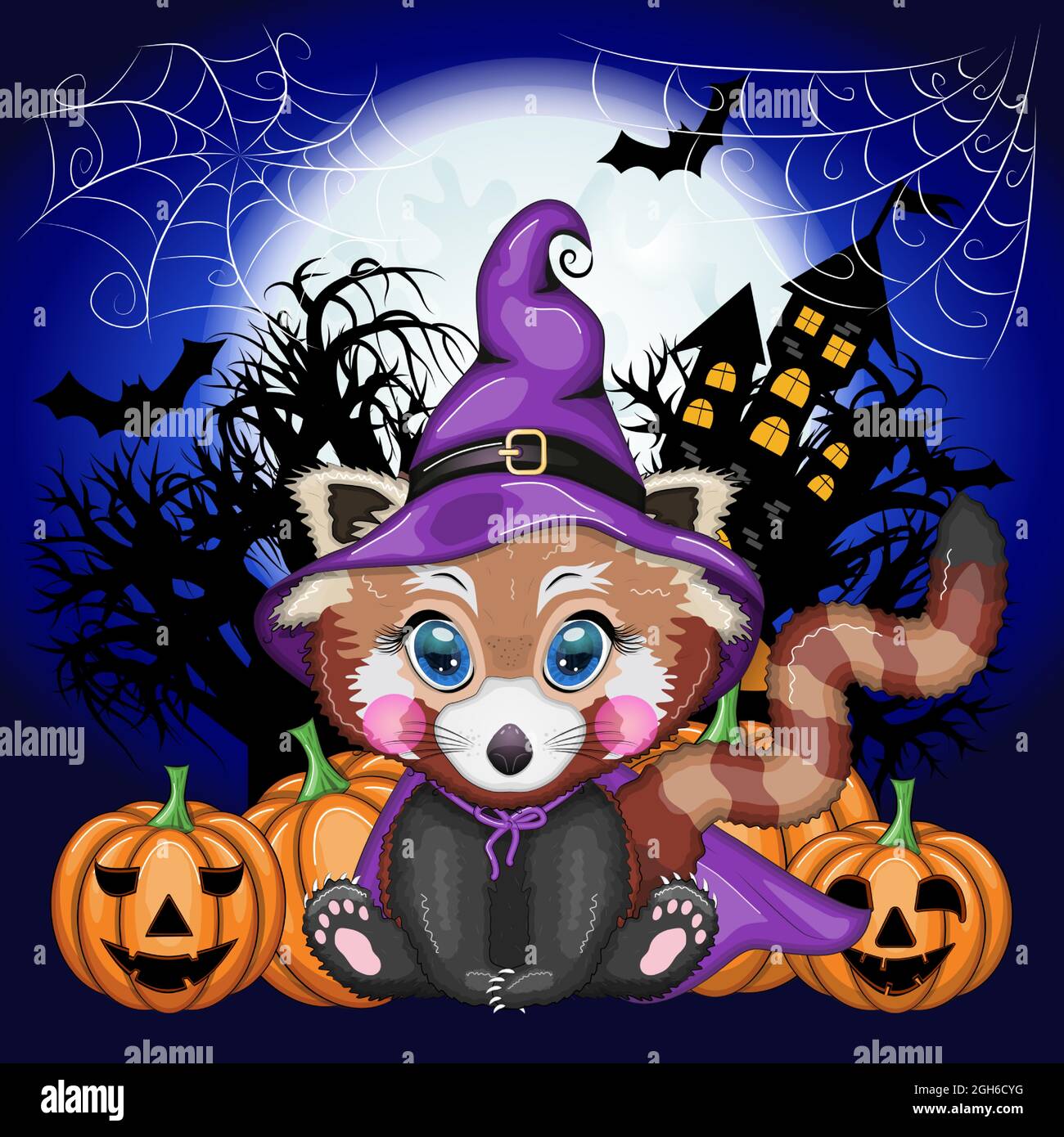 Cartoon red panda in a purple witch's hat and cloak with pumpkins ...