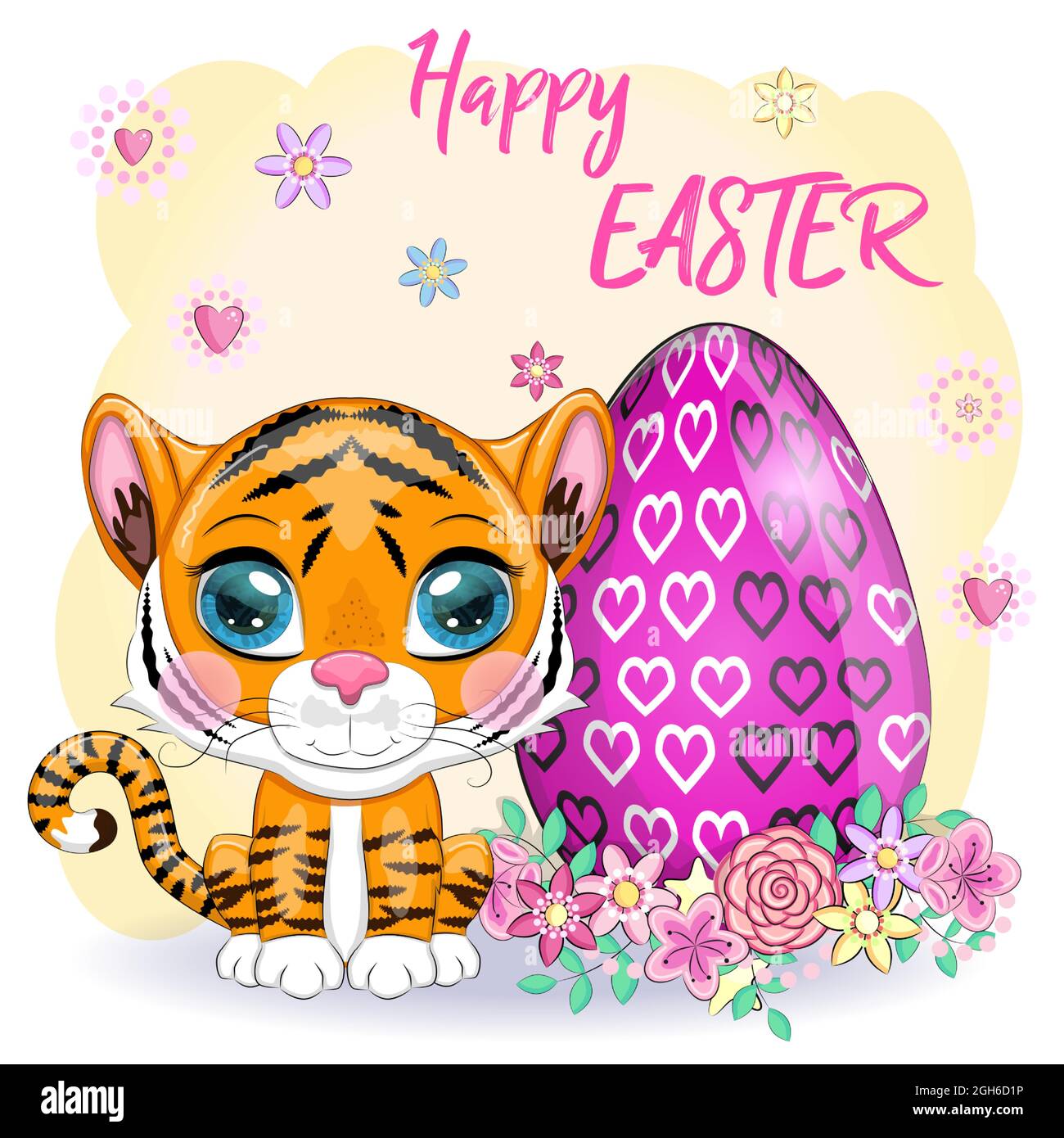 Cartoon tiger with Easter egg. Easter 2022, April. greeting card ...
