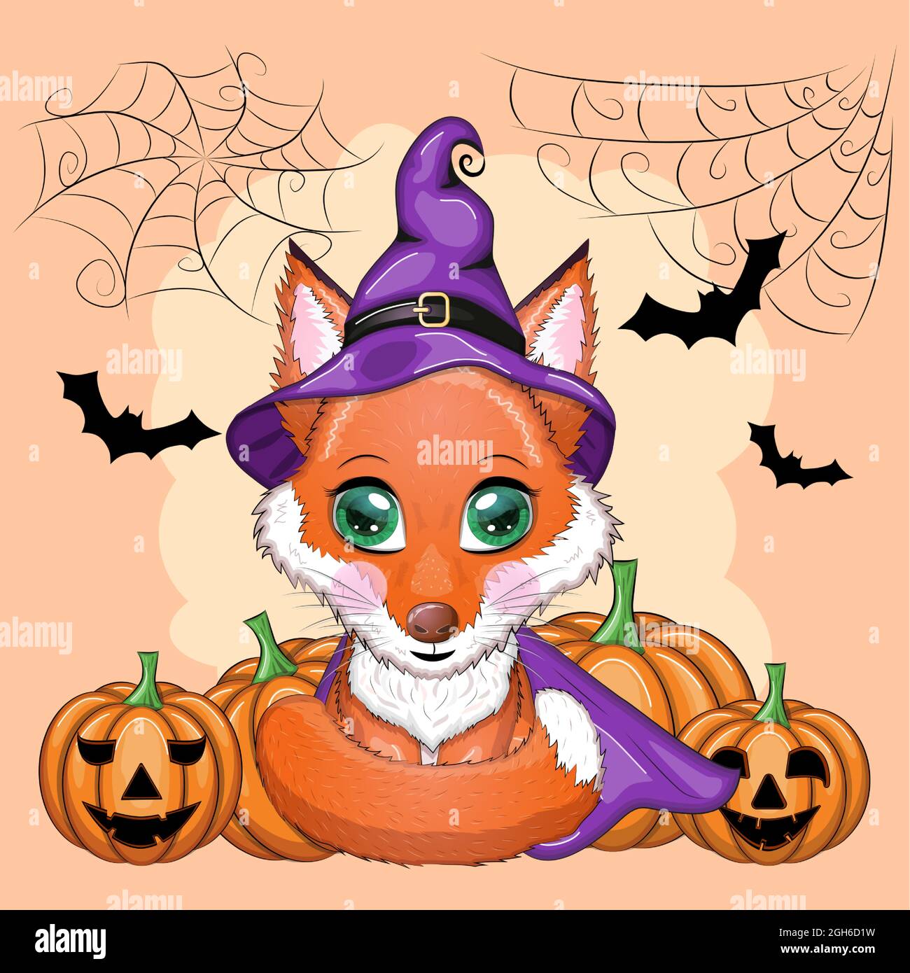 Cartoon fox in a purple witch hat and cloak on the background of the ...