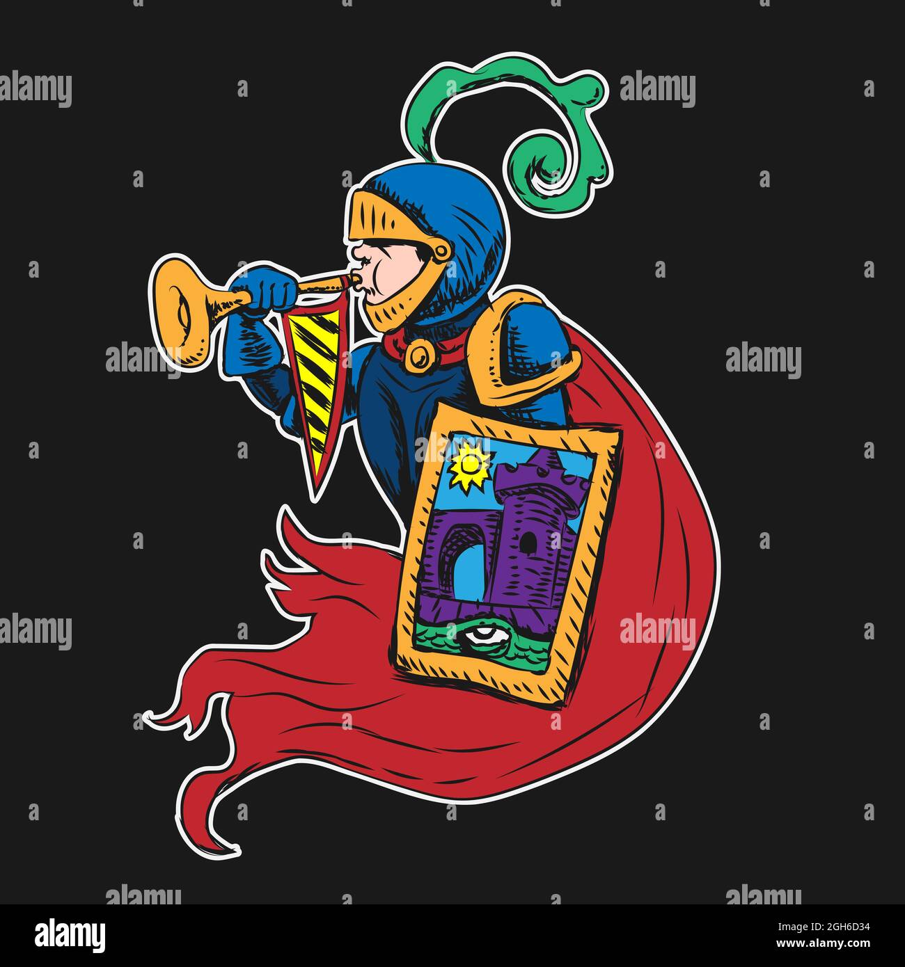 A knight blows a trumpet on a black isolated background vector drawing ...