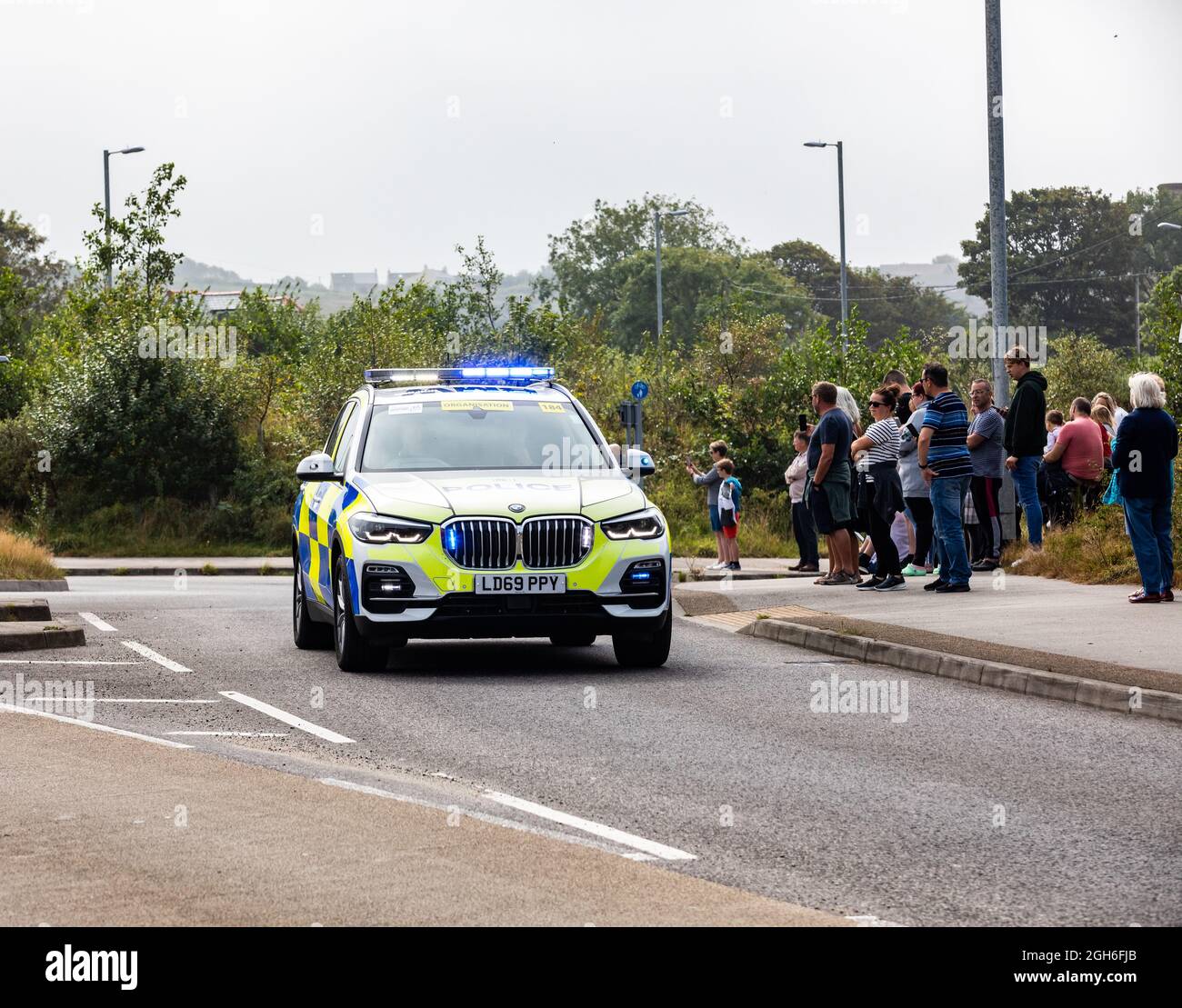 A Police car acting as a rolling roadblock during The Tour Of Britain ...