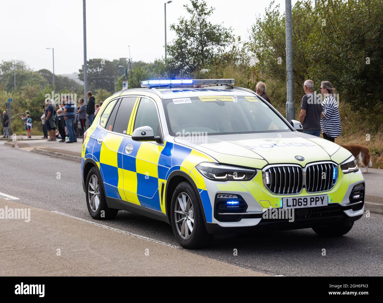 A Police car acting as a rolling roadblock during The Tour Of Britain ...