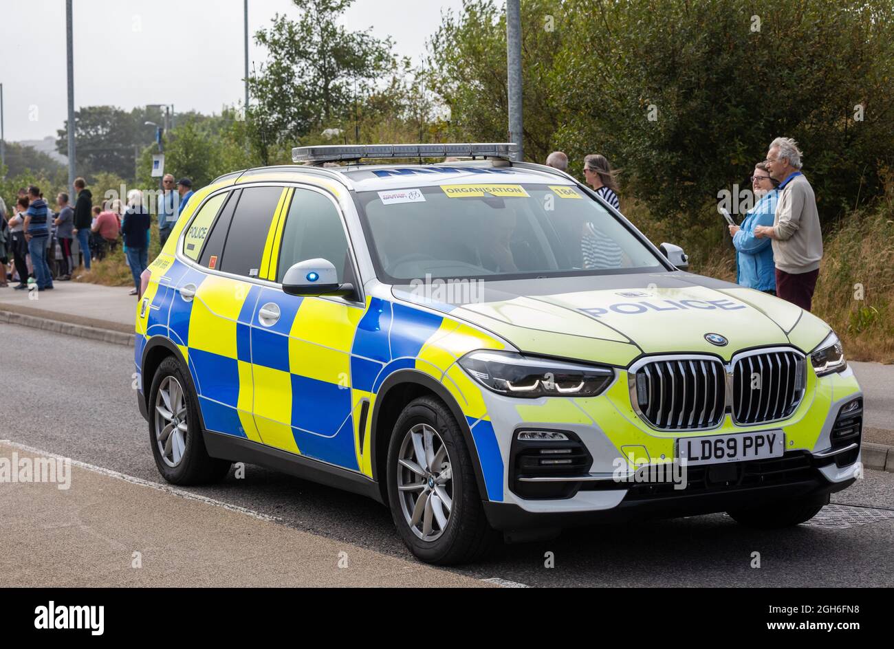 A Police car acting as a rolling roadblock during The Tour Of Britain ...