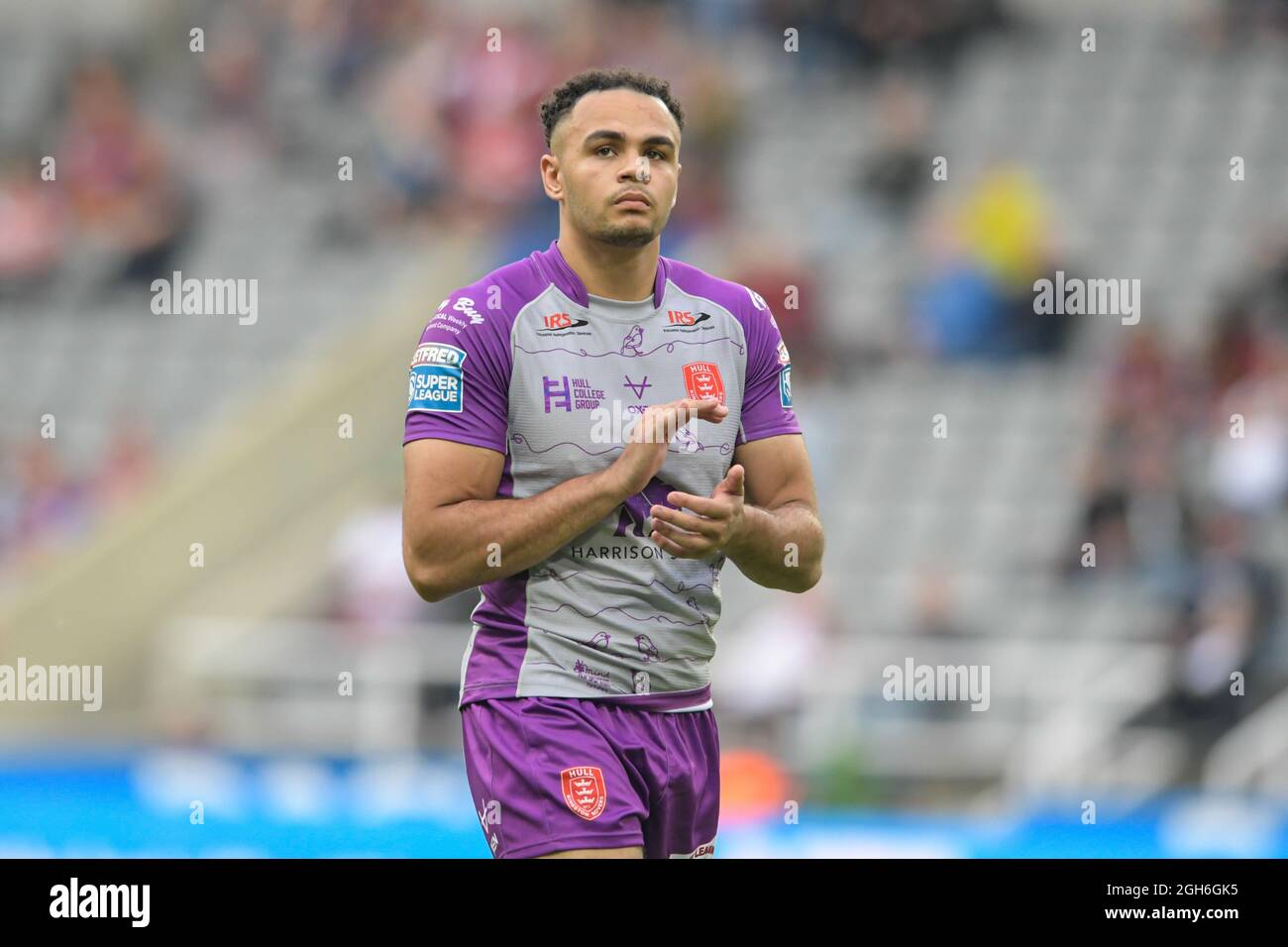 Luis Johnson (27) of Hull KR applauds the travelling supporters during ...