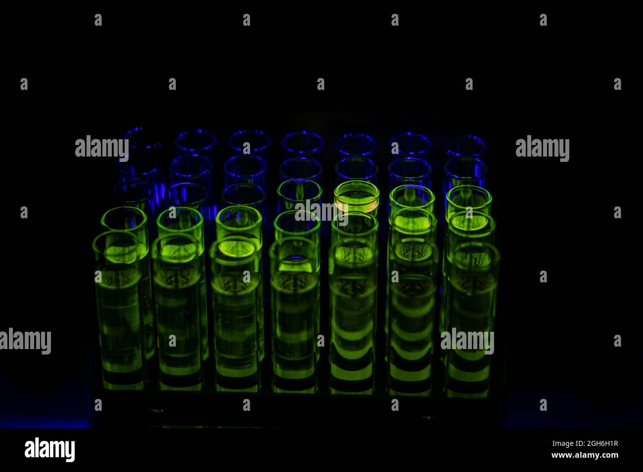 Glowing green compound solution collected from column chromatography in ...