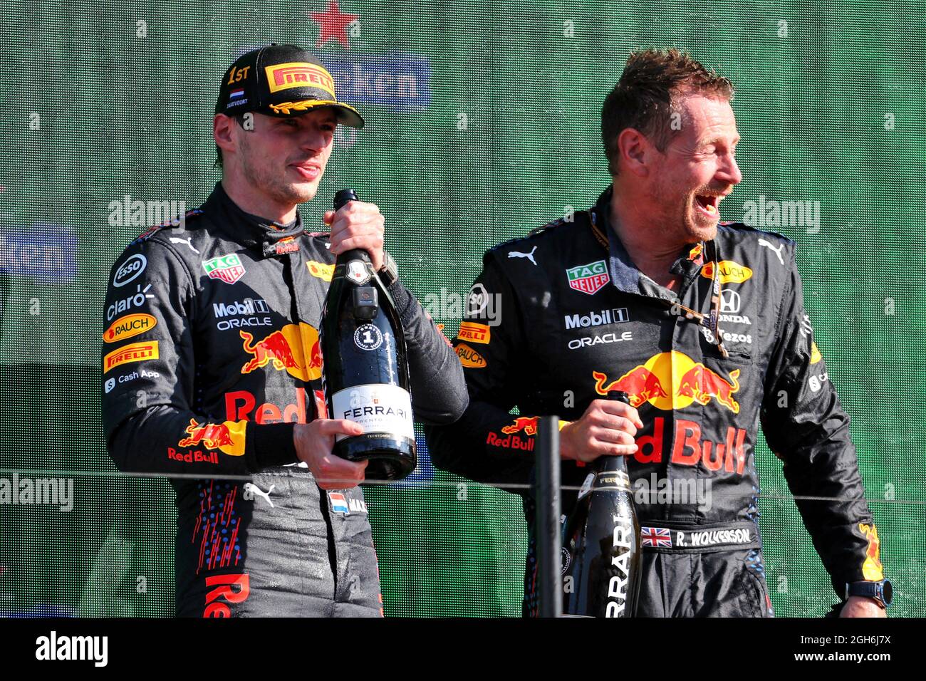 The podium (L to R): Max Verstappen (NLD) Red Bull Racing, race winner ...