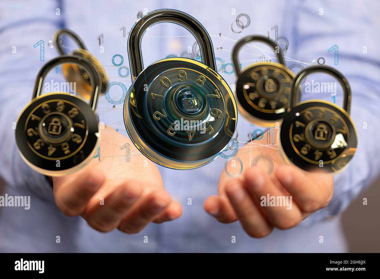 Hands holding floating padlocks - the concept of security Stock Photo ...