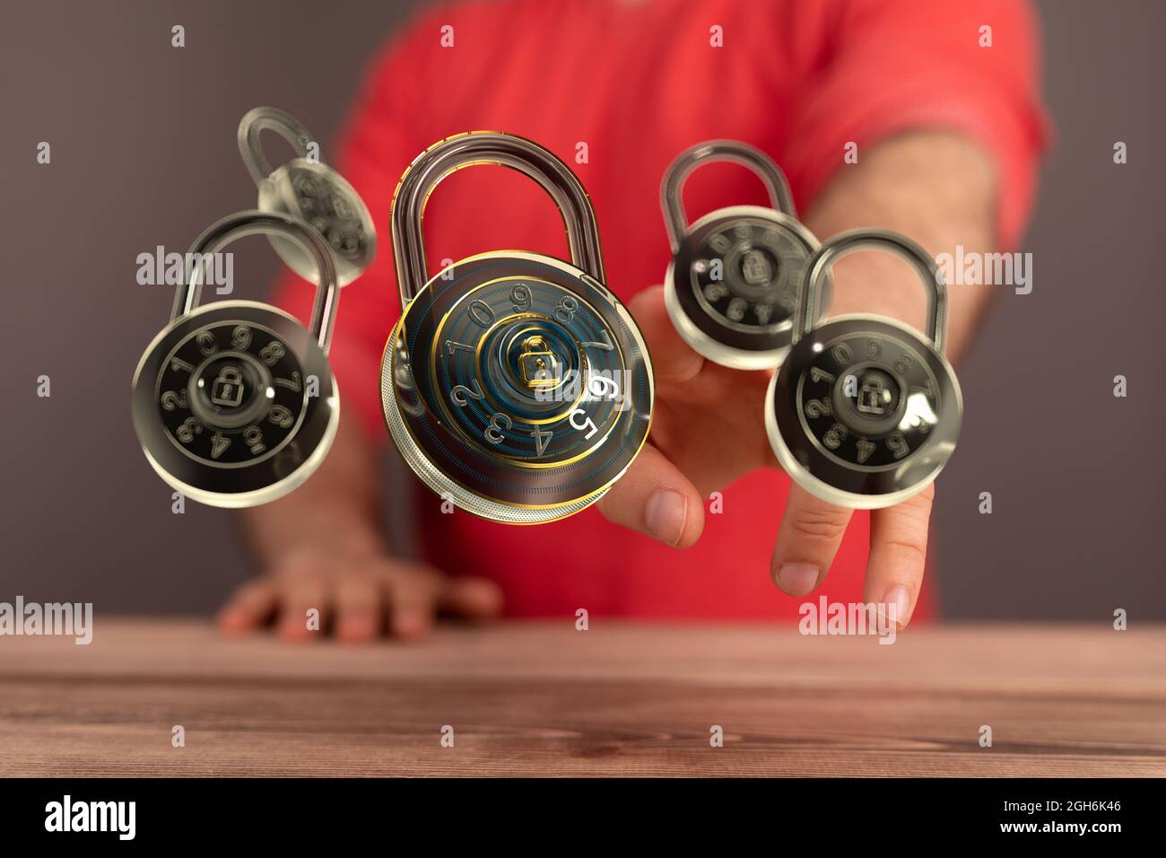 A hand touching floating padlocks - the concept of security Stock Photo ...