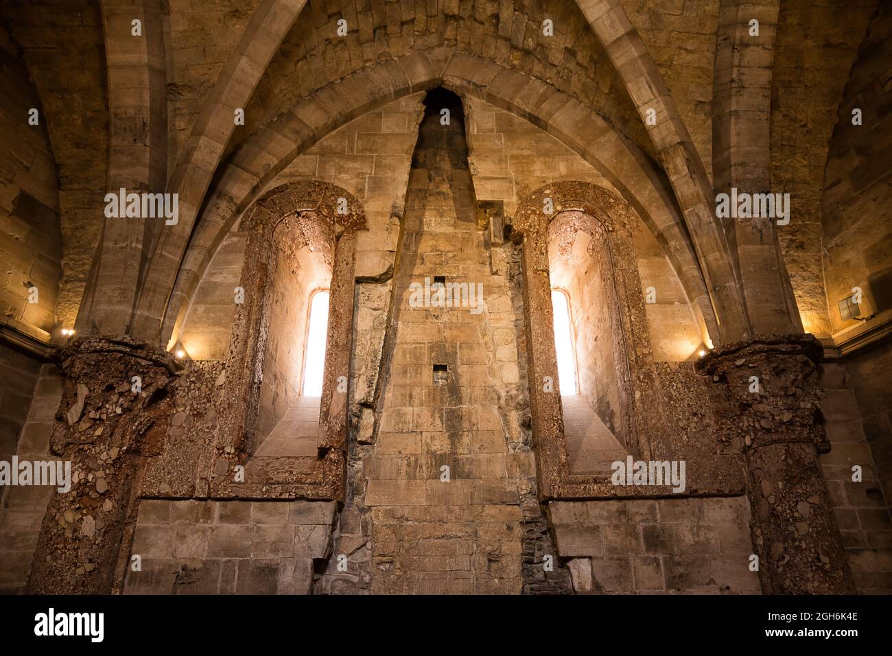Andria, Italy - 18 June 2021: Internal wall with arches, columns and ...