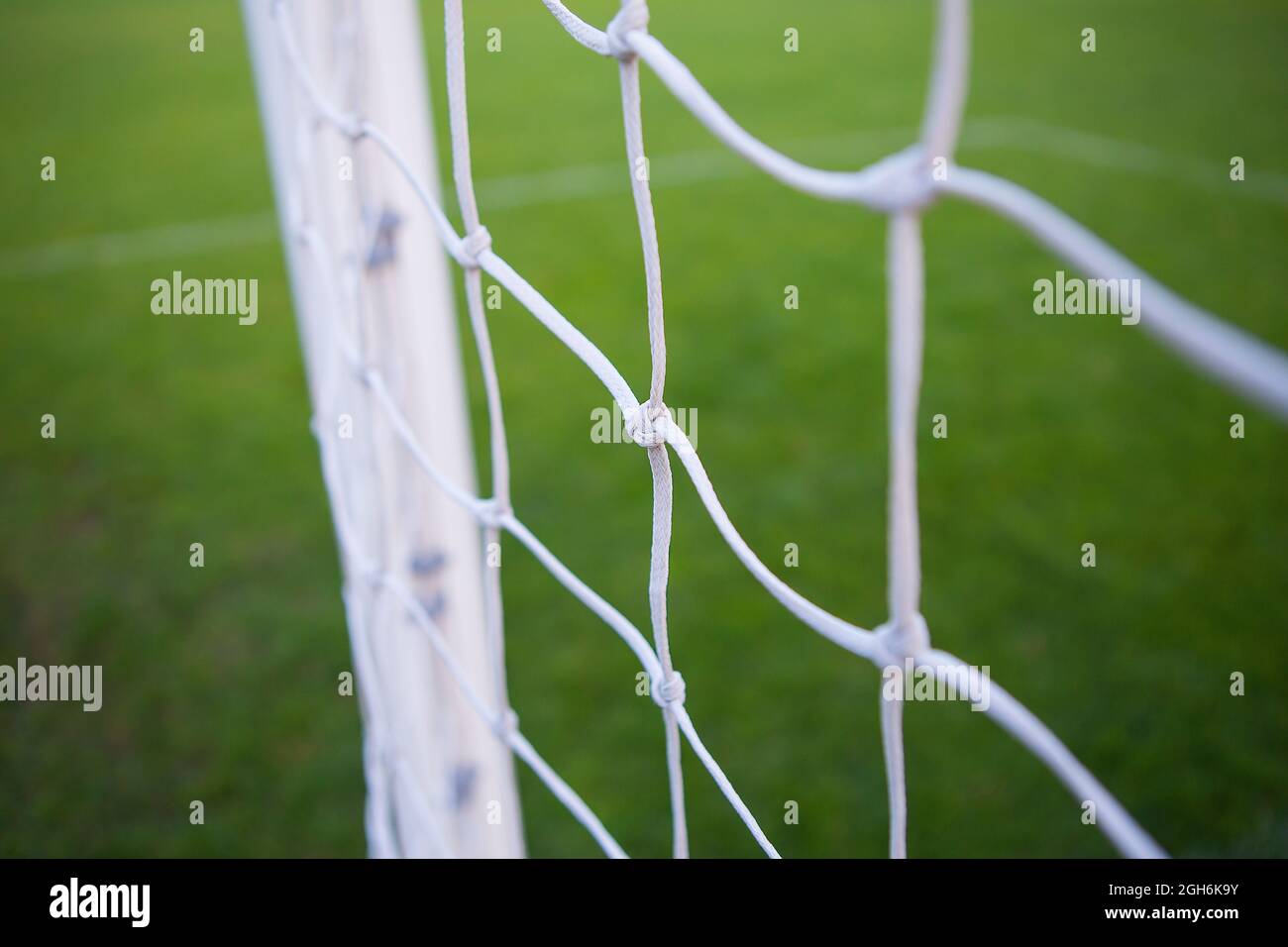 White mesh close-up on a soccer field, soccer goal. Green field Stock ...