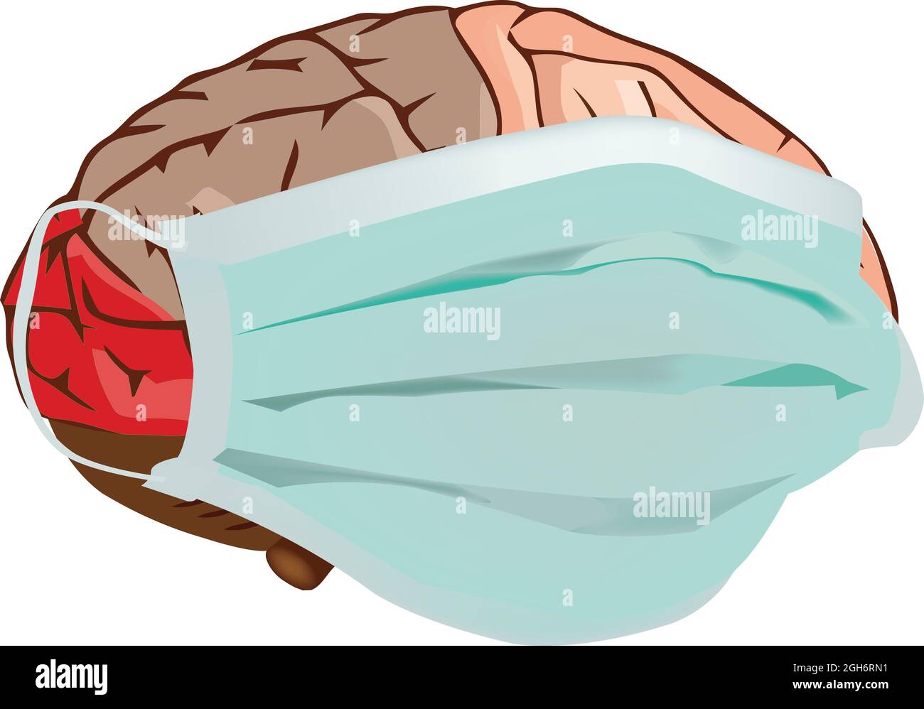 An illustration of the human brain with a facemask isolated on a white ...