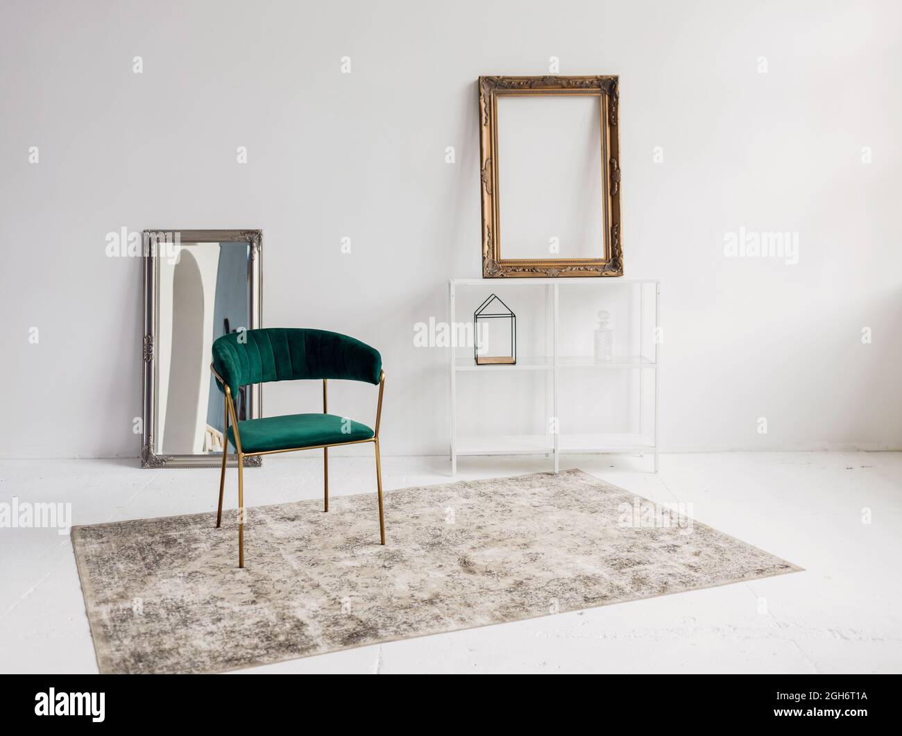 Luxurious living room interior with chair, shelves and mirror with ...