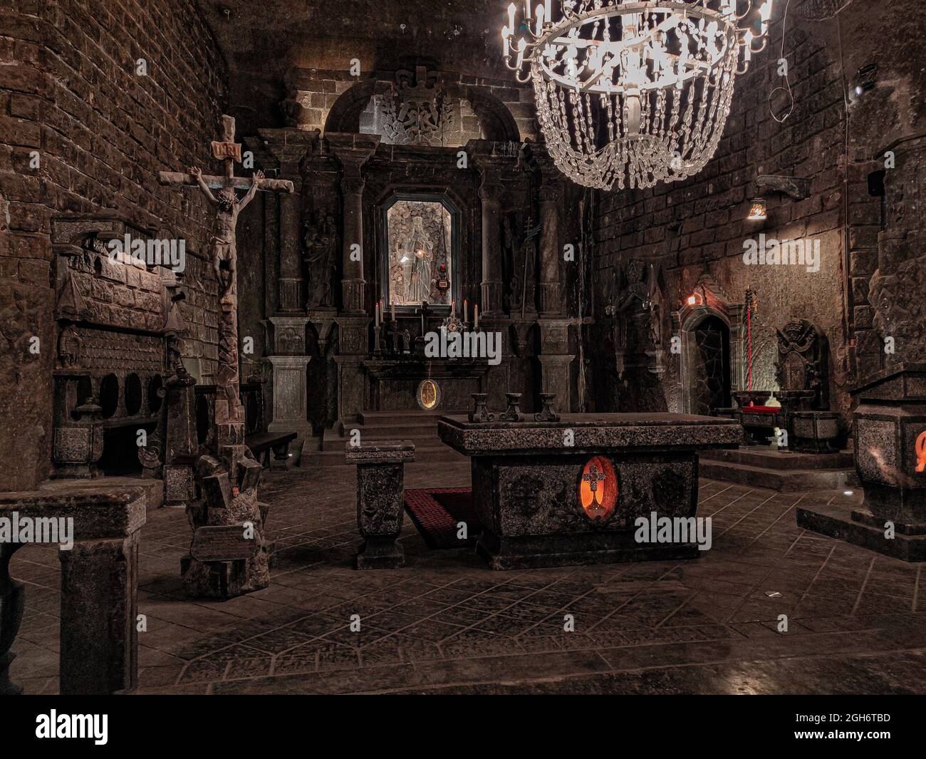 A beautiful shot of the ancient church interior of Wieliczka Salt Mine ...
