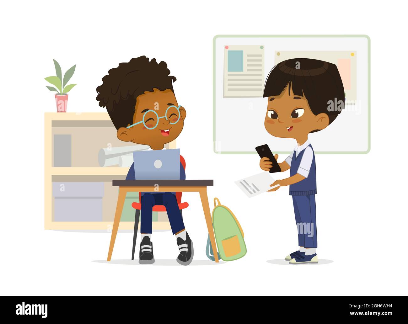 Smiling multinational primary classmates talking at classroom vector ...