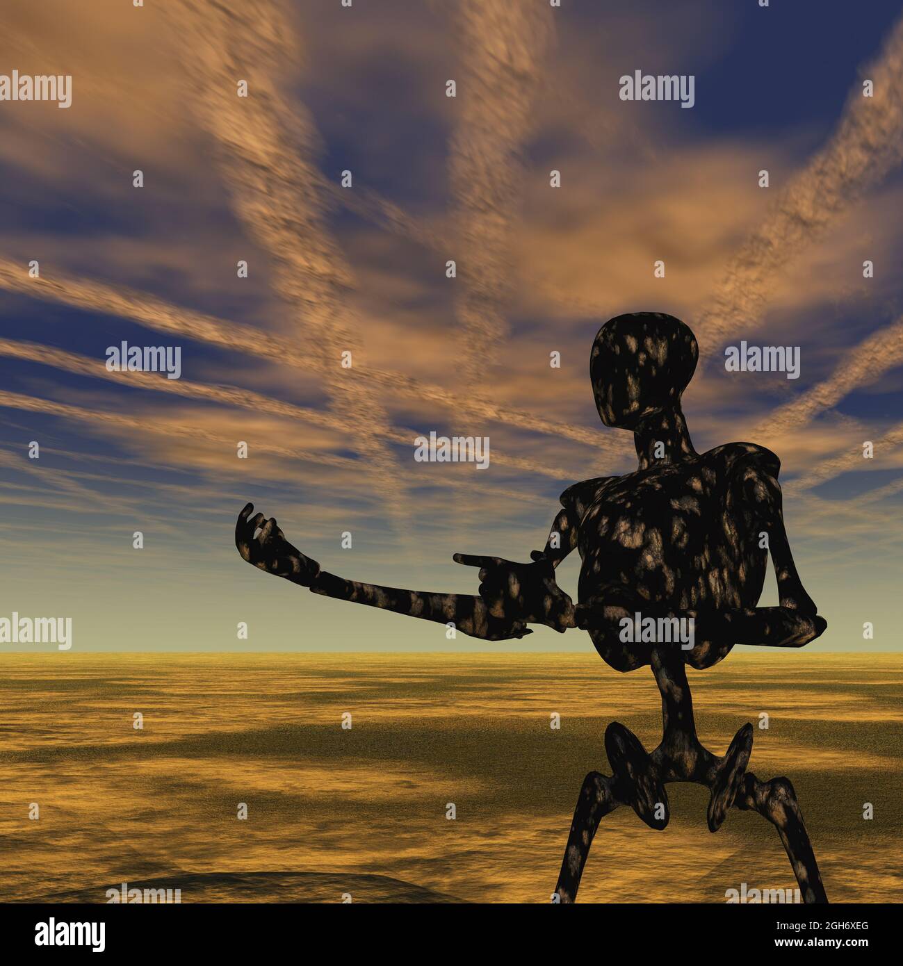 Cyborg stands in empty landscape. Sci-fi composition. 3D rendering ...