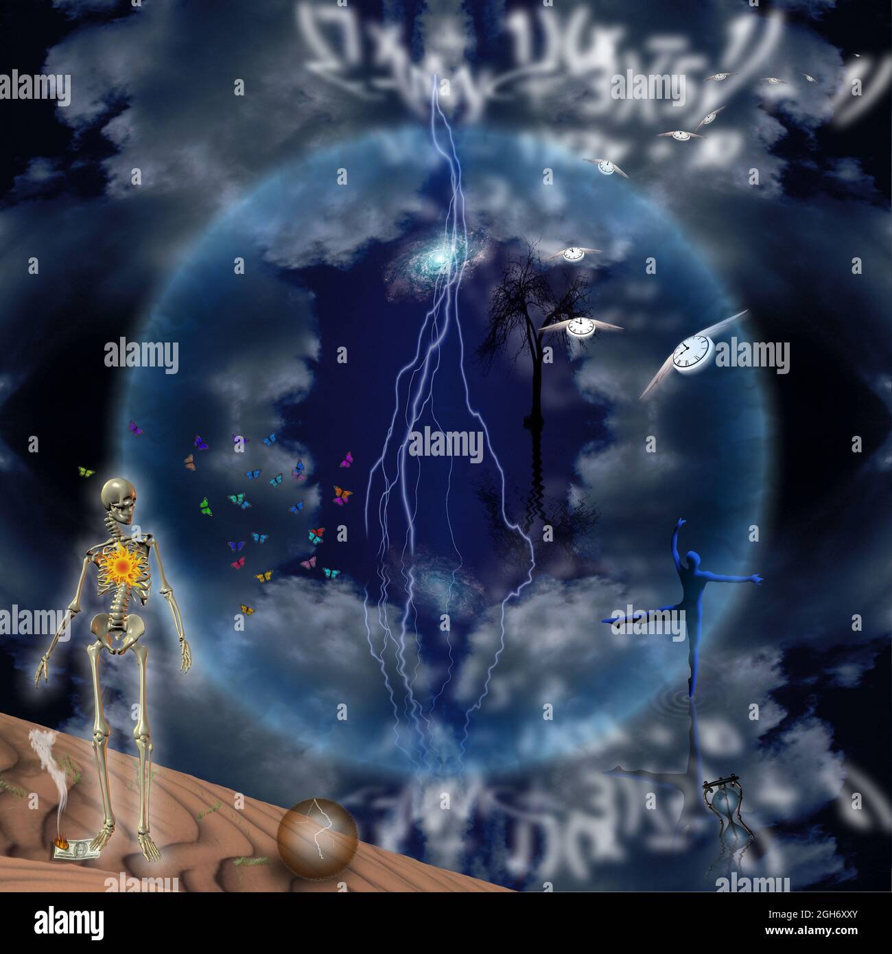 Afterlife. Spiritual composition with skeleton, dancer, tree and winged ...