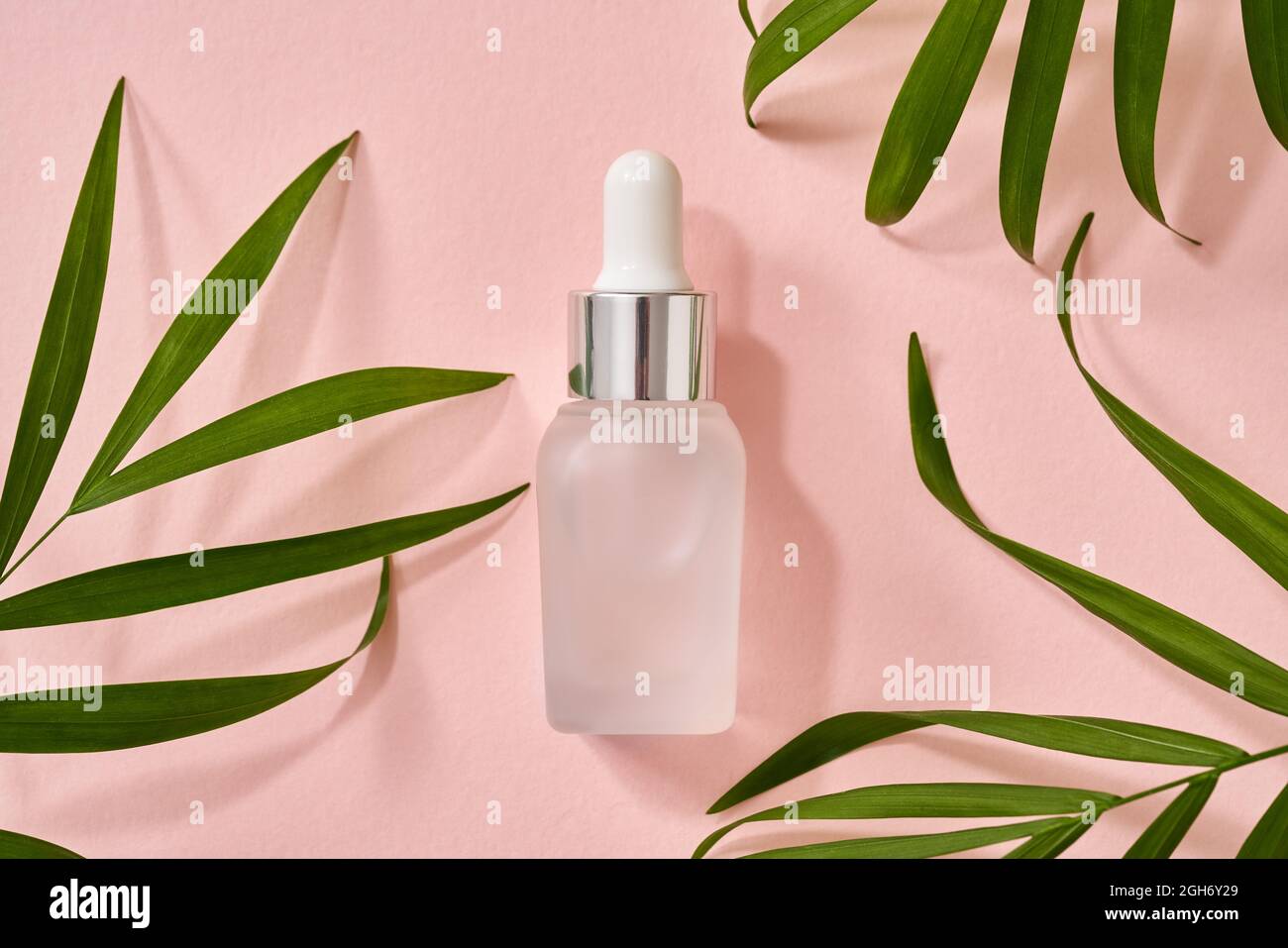 A bottle of aromatic essential oil on a summer pastel background with ...