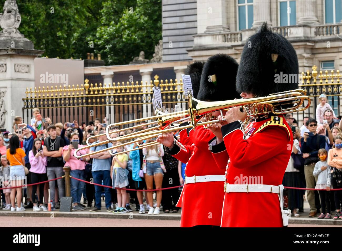 London, England - August 2021: Musicians of the Welsh Guards regimental ...