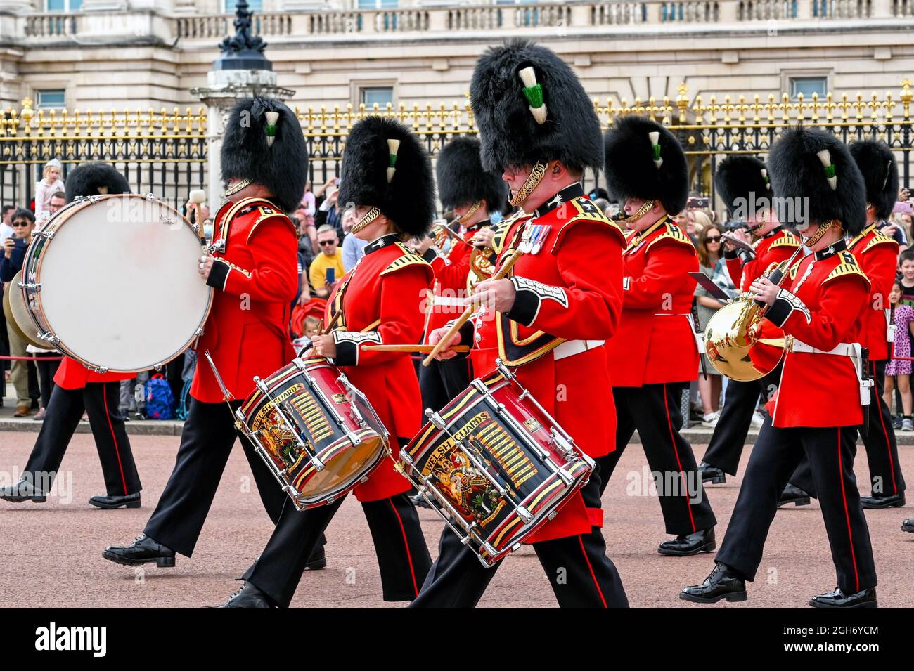London, England - August 2021: Drummers of the Welsh Guards band ...