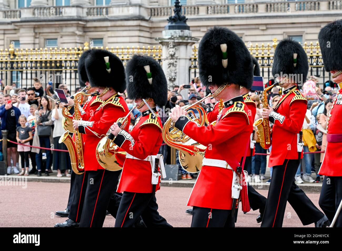 London, England - August 2021: Musicians of the Welsh Guards regimental ...