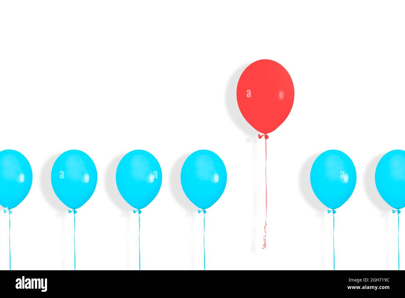 A row or line of blue balloons with one red in between. Pop art design ...