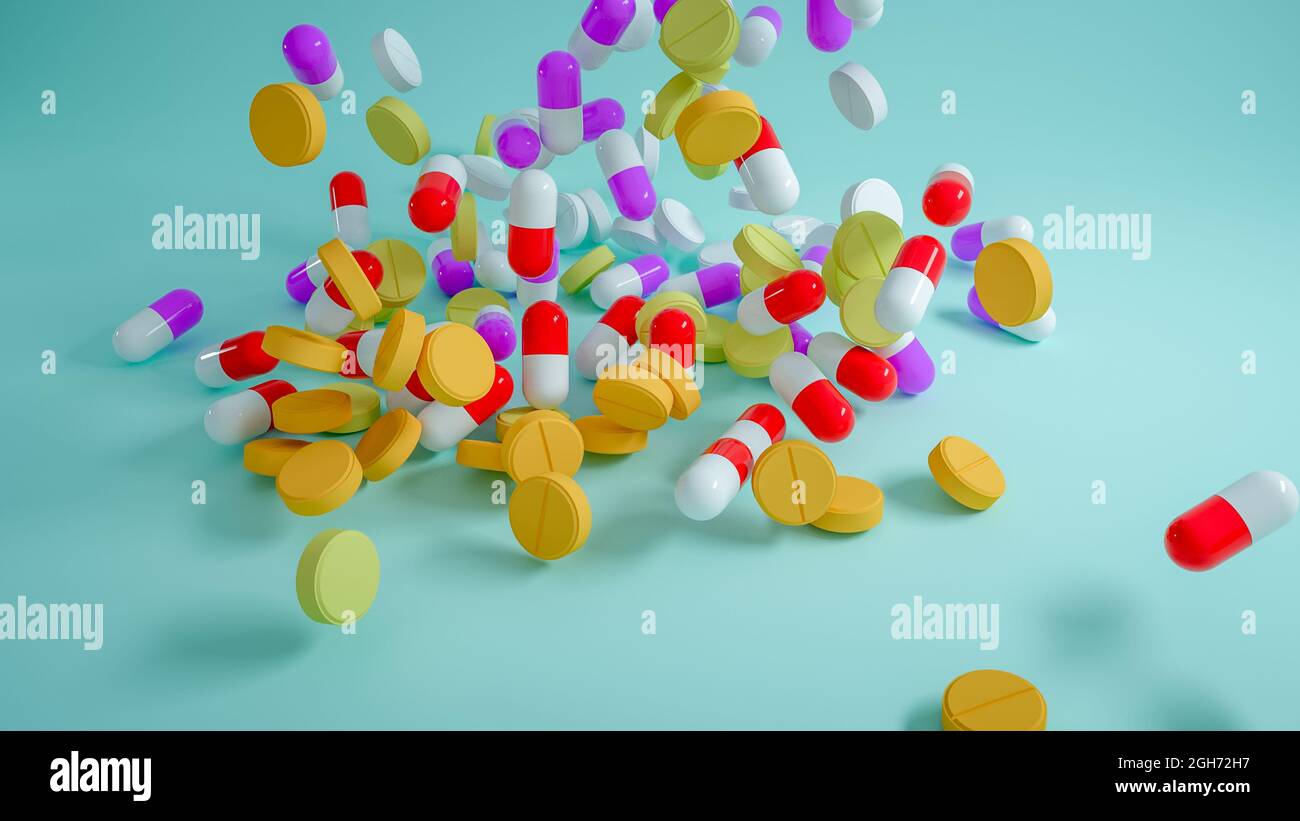 Colorful Pills and capsule Medications Falling. 3D illustration of ...