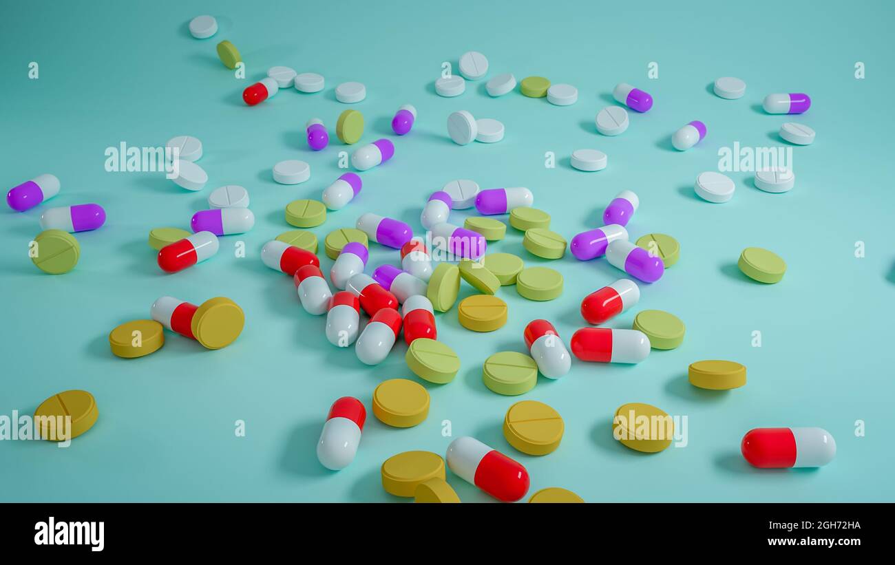 Colored Pills and Capsule Medicines Dropped on the Floor. Drug Drop 3D ...
