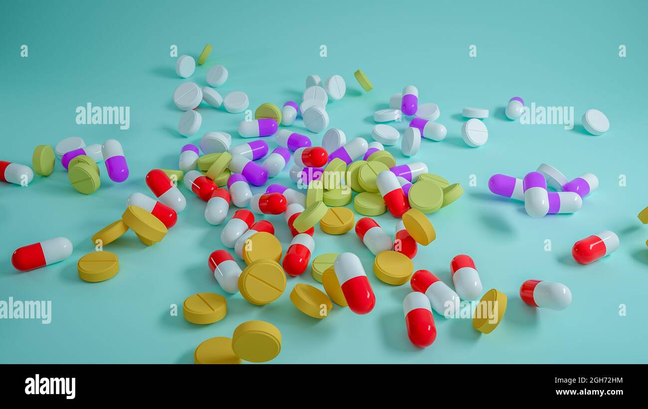 Colorful Pills and capsule Medications Falling. 3D illustration of ...