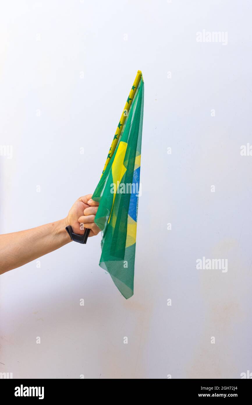 Holding Brazil flag isolated on white background Stock Photo - Alamy