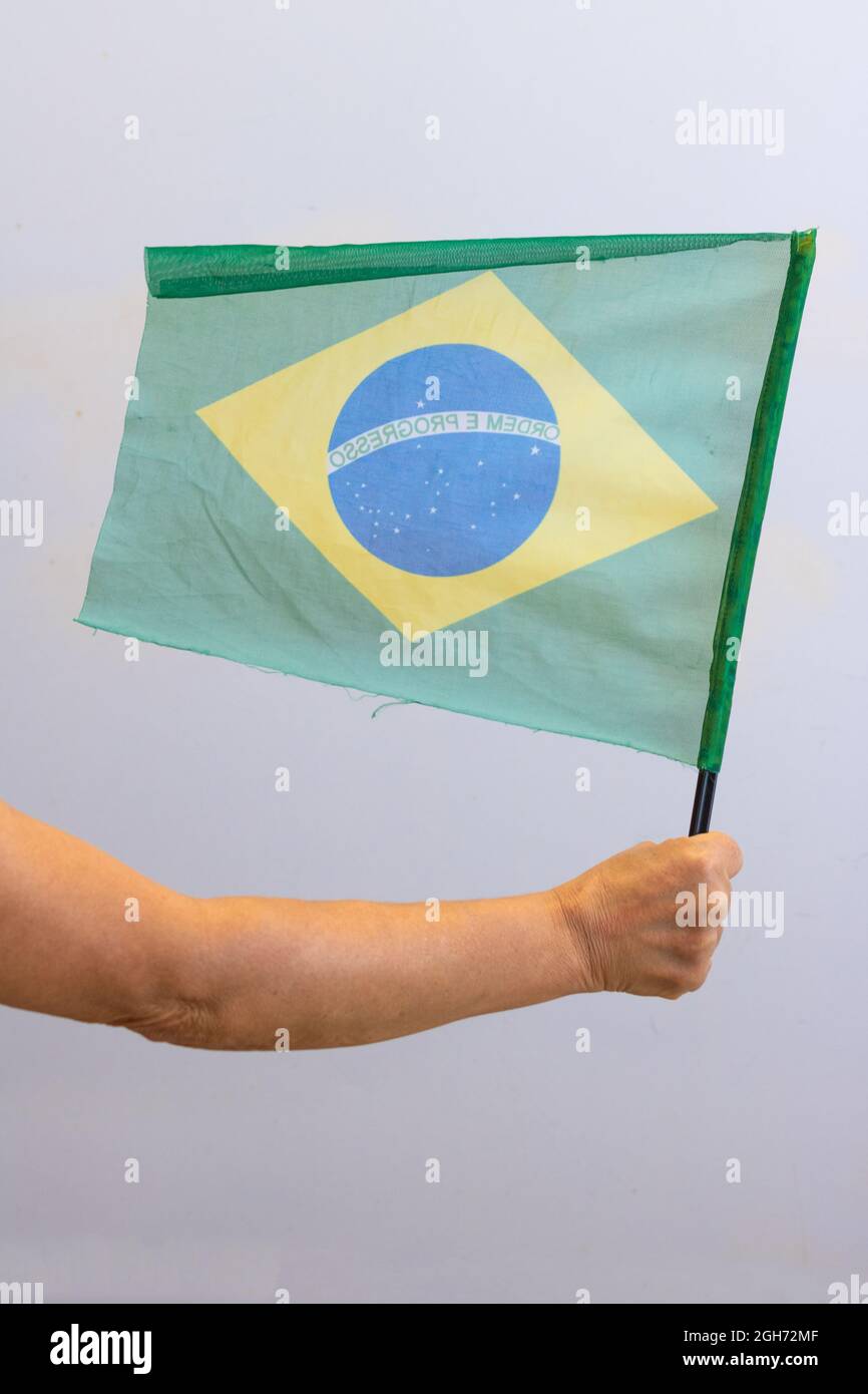 Holding Brazil flag isolated on white background Stock Photo - Alamy