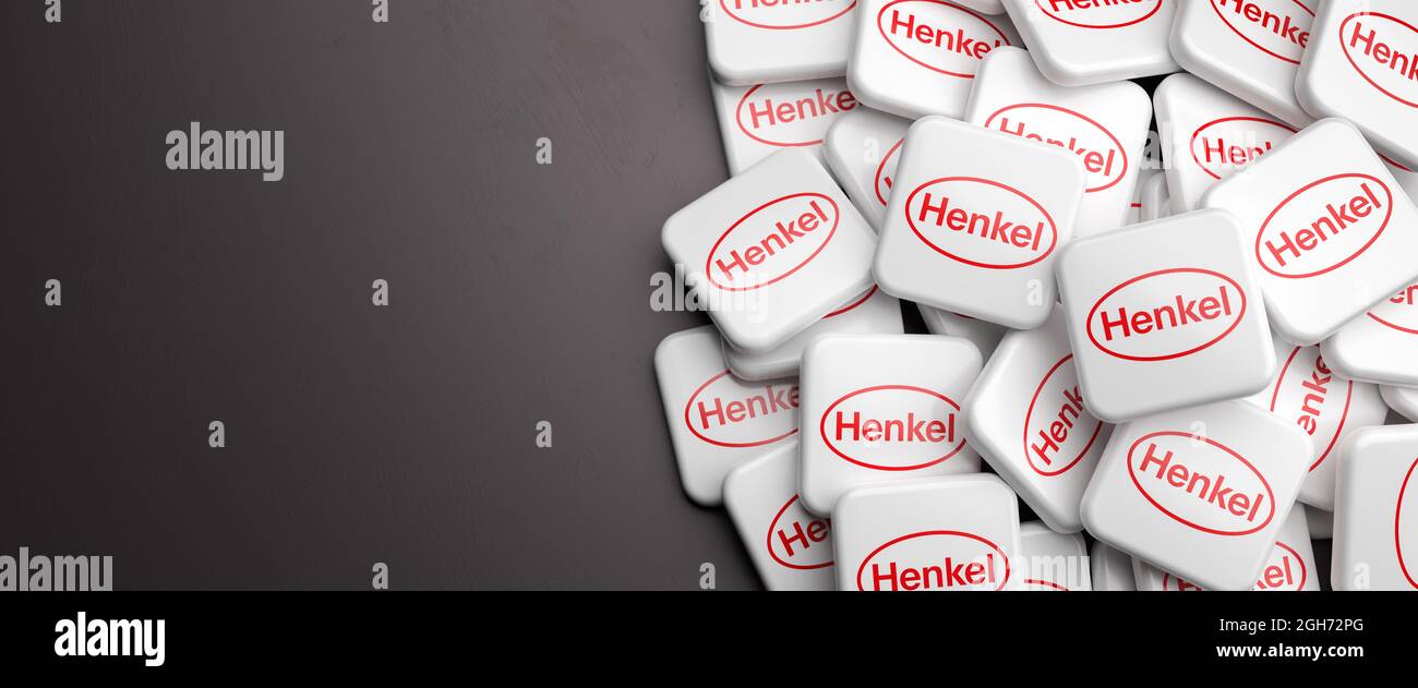 Logos of the German chemical and consumer goods company Henkel on a ...