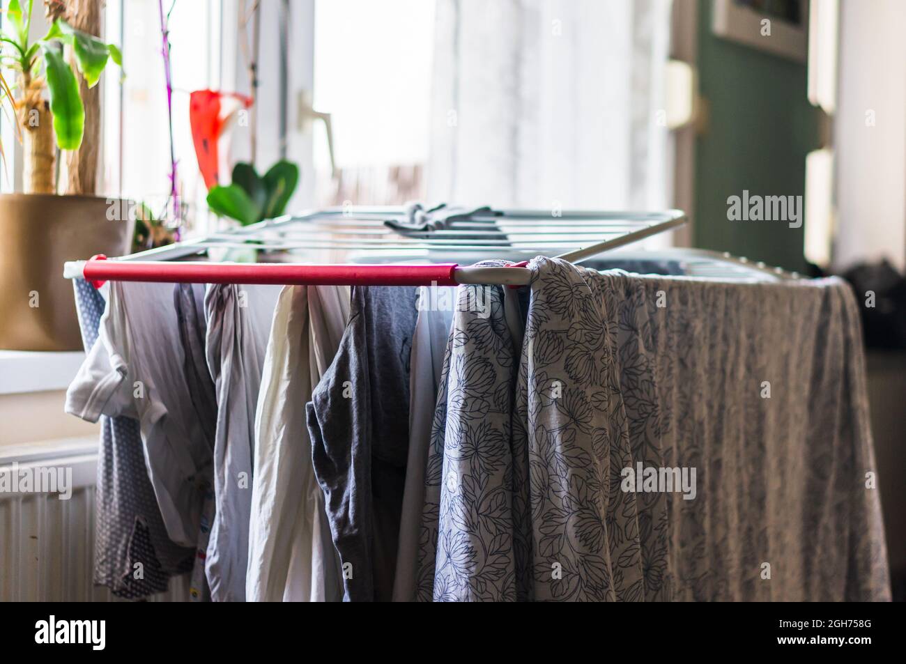 The clothes hanging on a dryer inside Stock Photo - Alamy