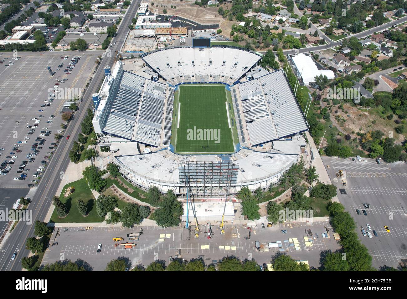 An aerial view of LaVell Edwards stadium on the campus of Brigham Young ...