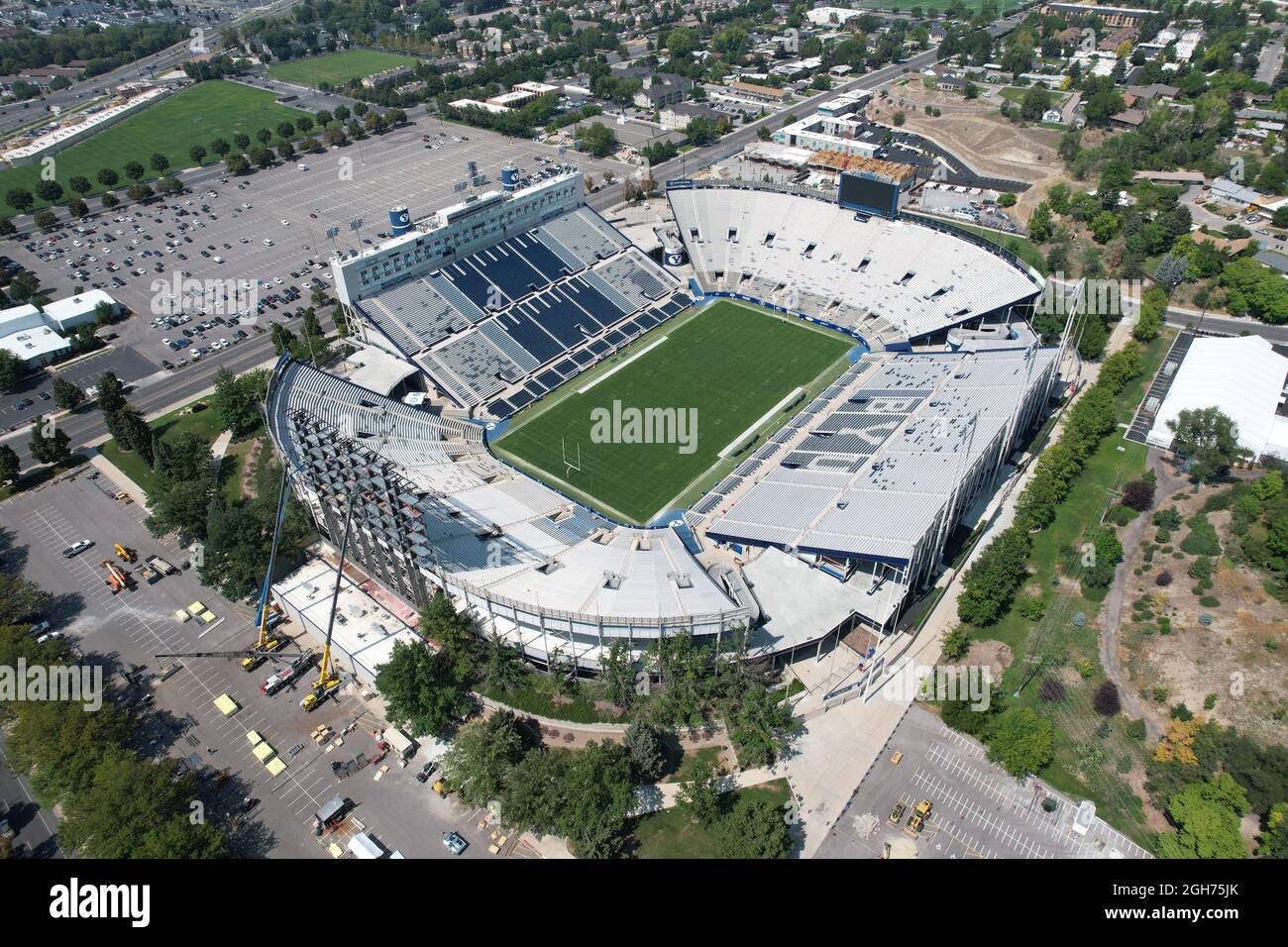 An aerial view of LaVell Edwards stadium on the campus of Brigham Young ...