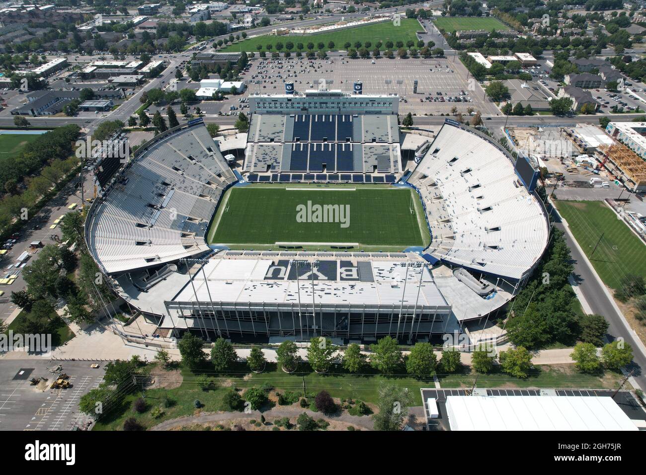 An aerial view of LaVell Edwards stadium on the campus of Brigham Young ...