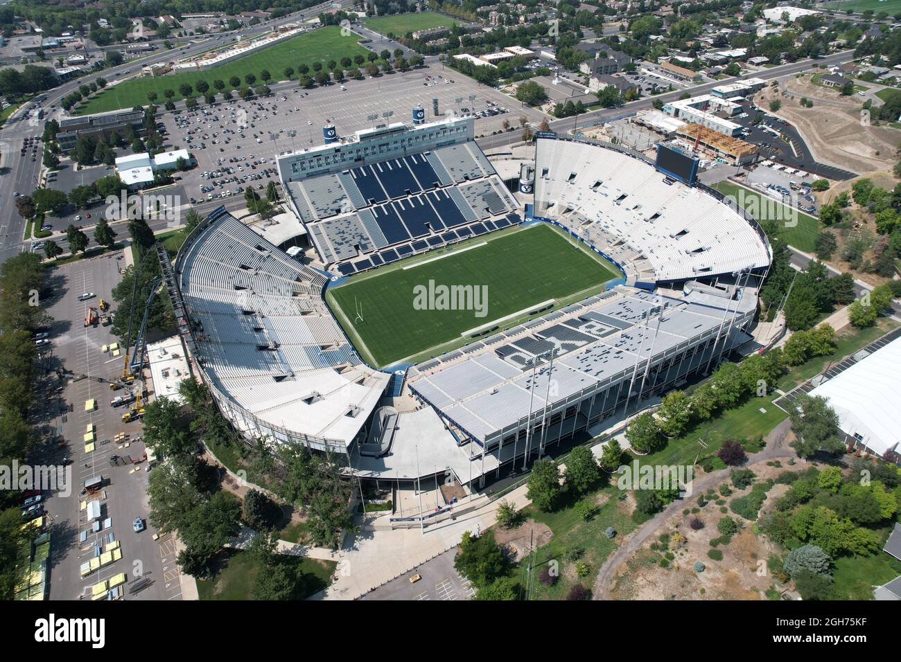 An aerial view of LaVell Edwards stadium on the campus of Brigham Young ...