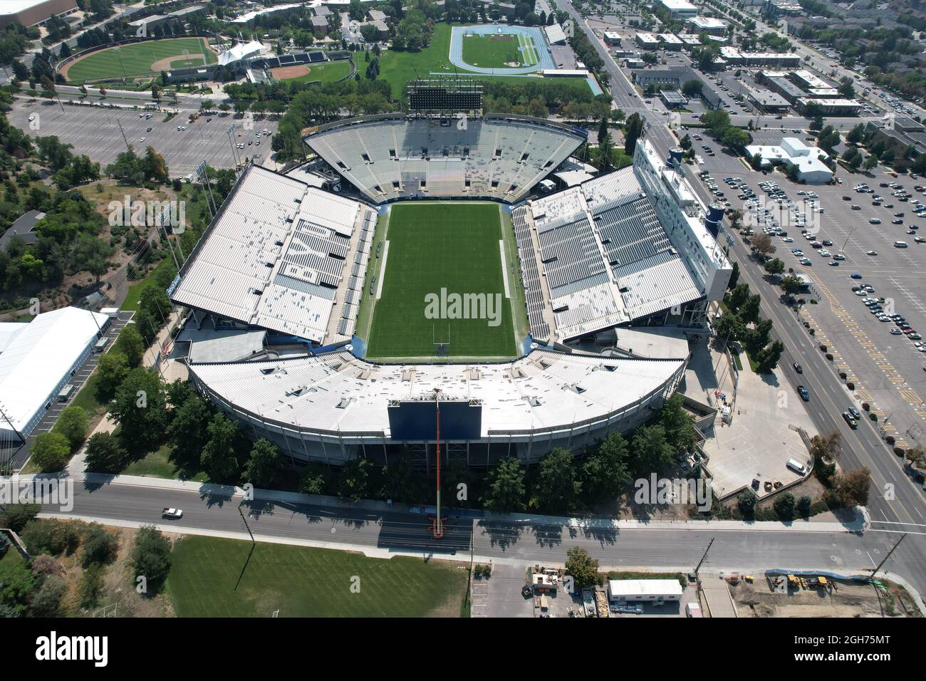 An aerial view of LaVell Edwards stadium on the campus of Brigham Young ...