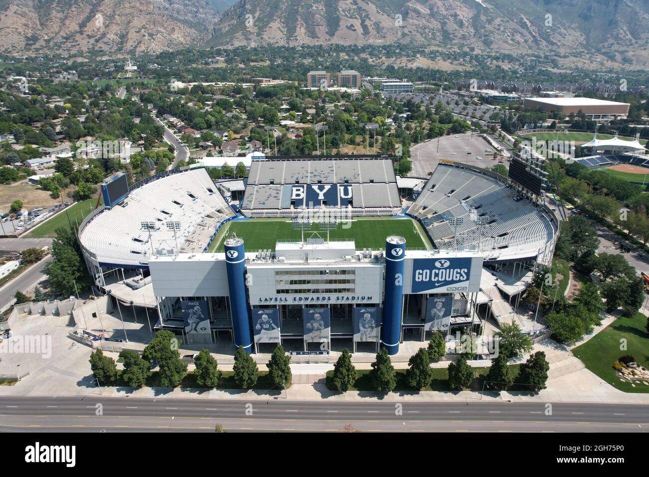 An aerial view of LaVell Edwards stadium on the campus of Brigham Young ...