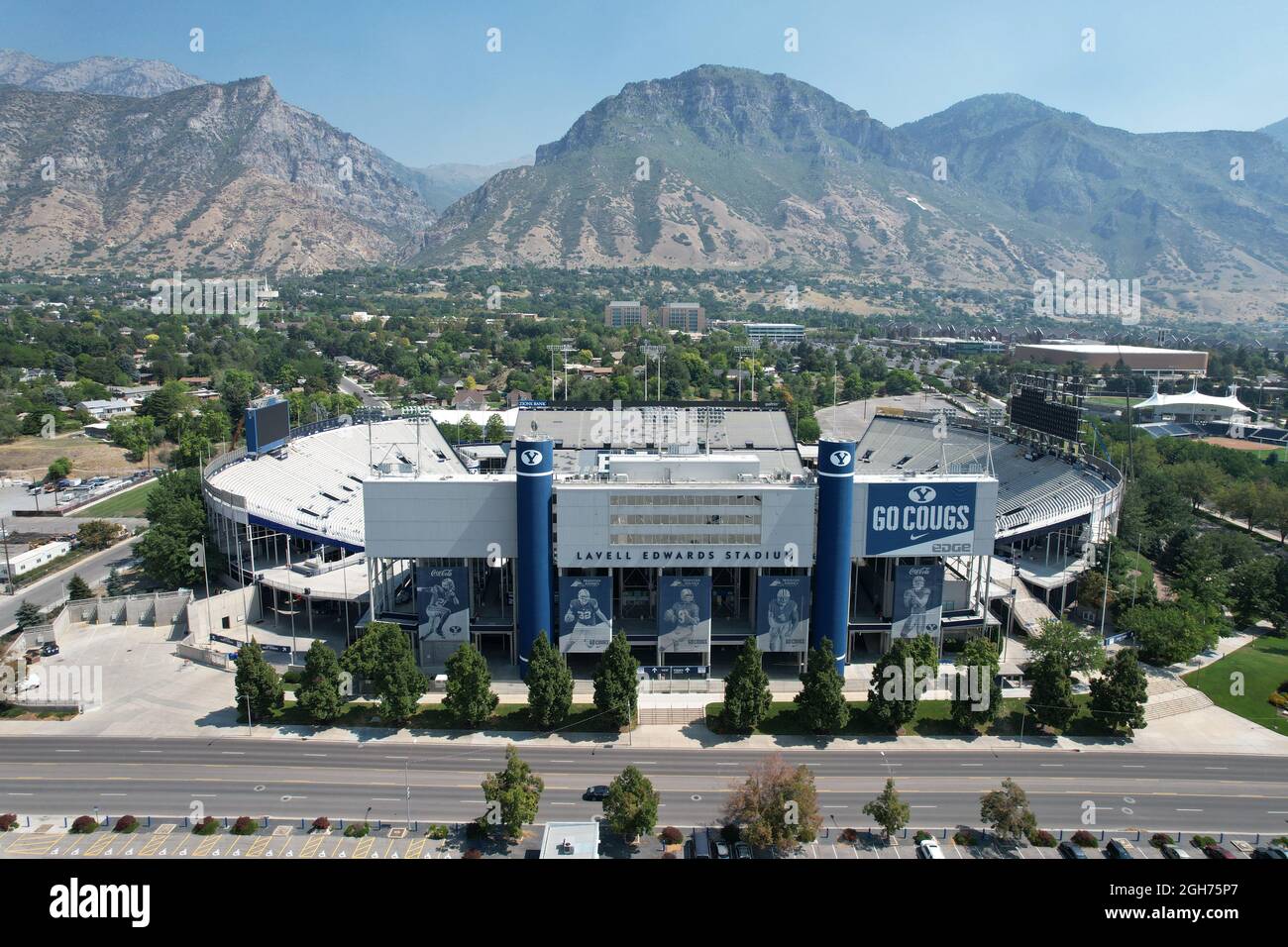 An aerial view of LaVell Edwards stadium on the campus of Brigham Young ...