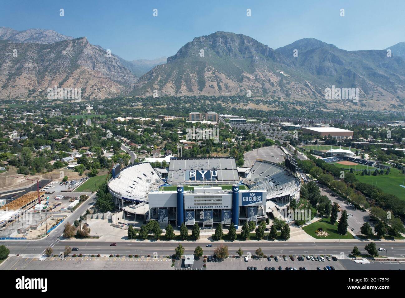 An aerial view of LaVell Edwards stadium on the campus of Brigham Young ...