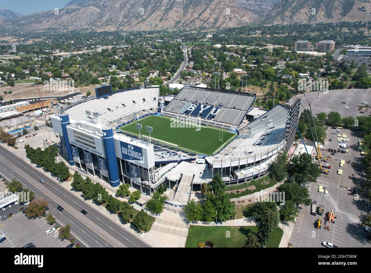 An aerial view of LaVell Edwards stadium on the campus of Brigham Young ...