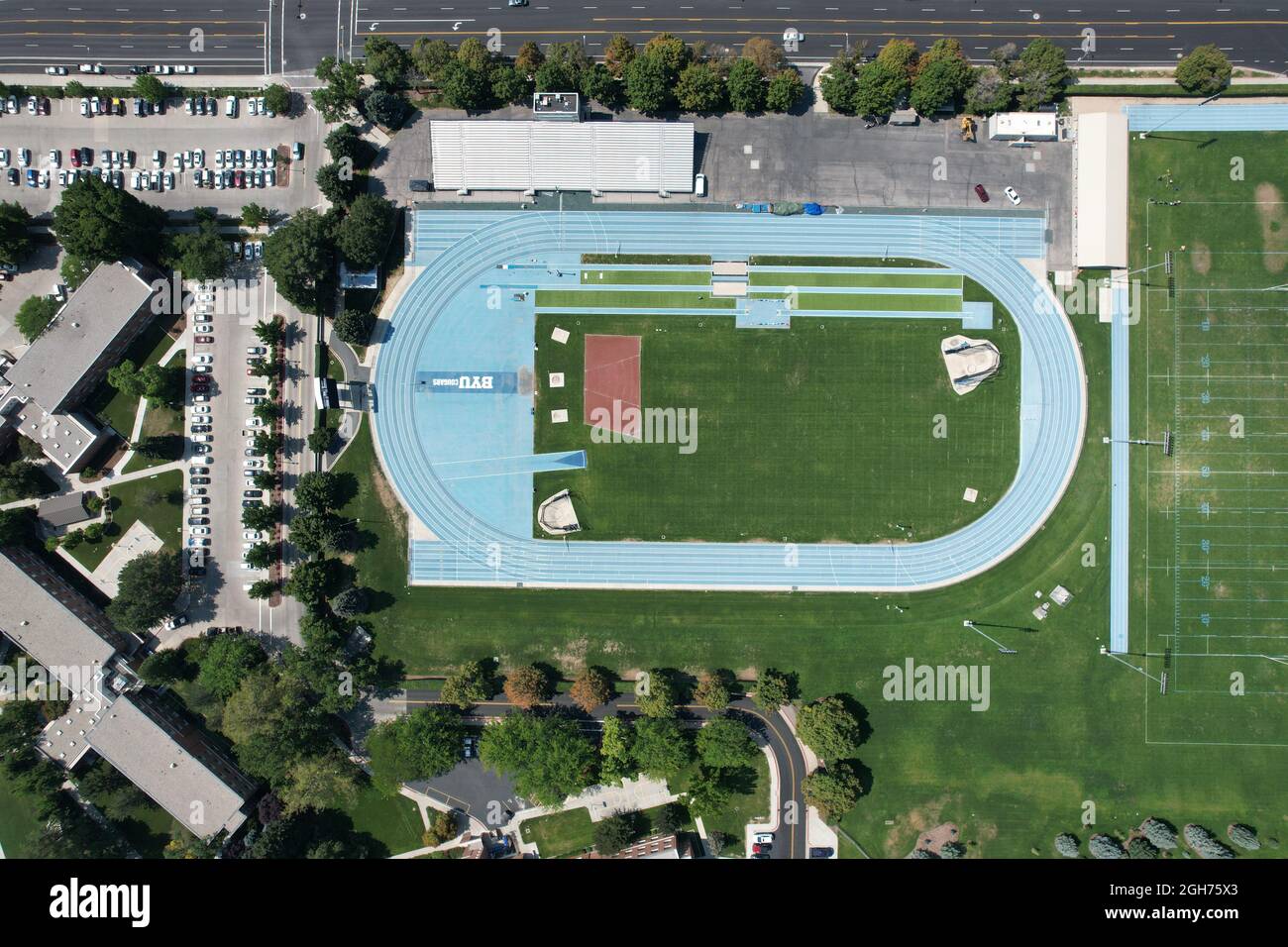 An aerial view of Clarence F. Robison Track on the campus of Brigham ...