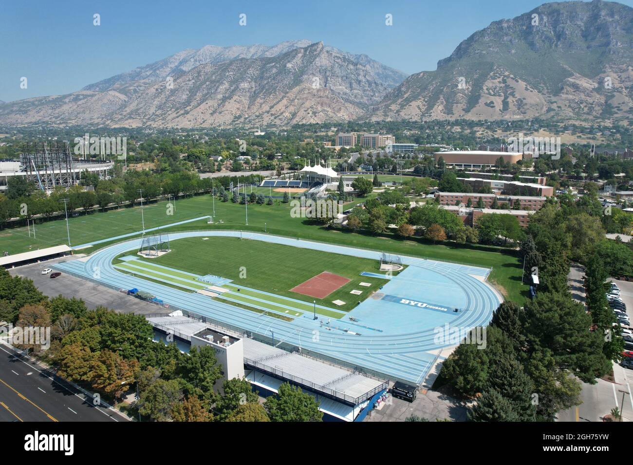 An aerial view of Clarence F. Robison Track on the campus of Brigham ...
